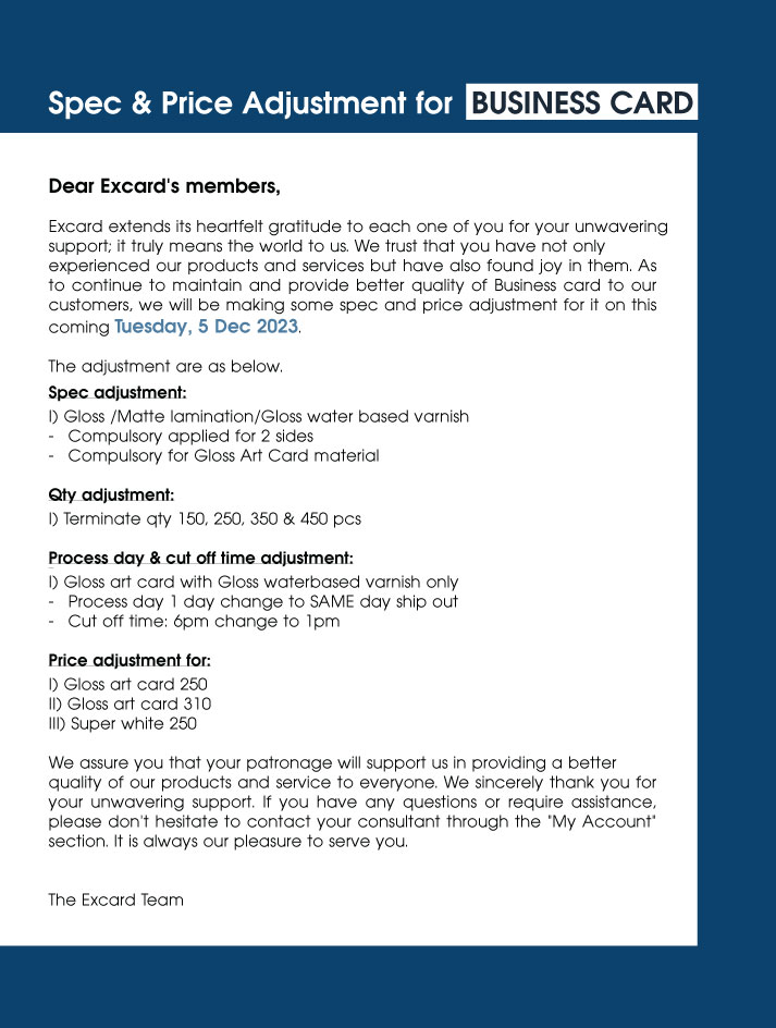 Spec and price adjustment for business card